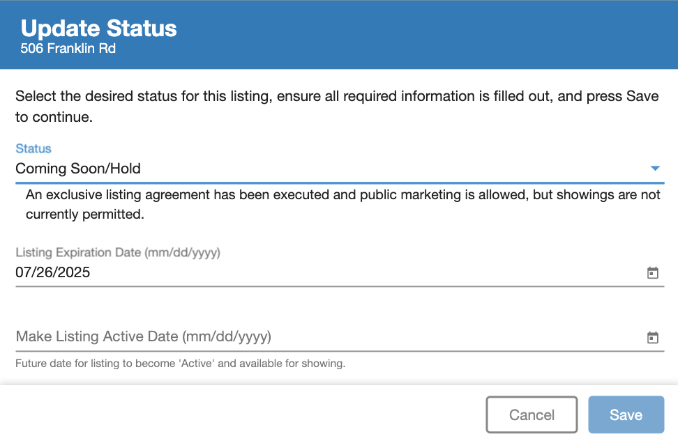 My Listings: Change Listing Status