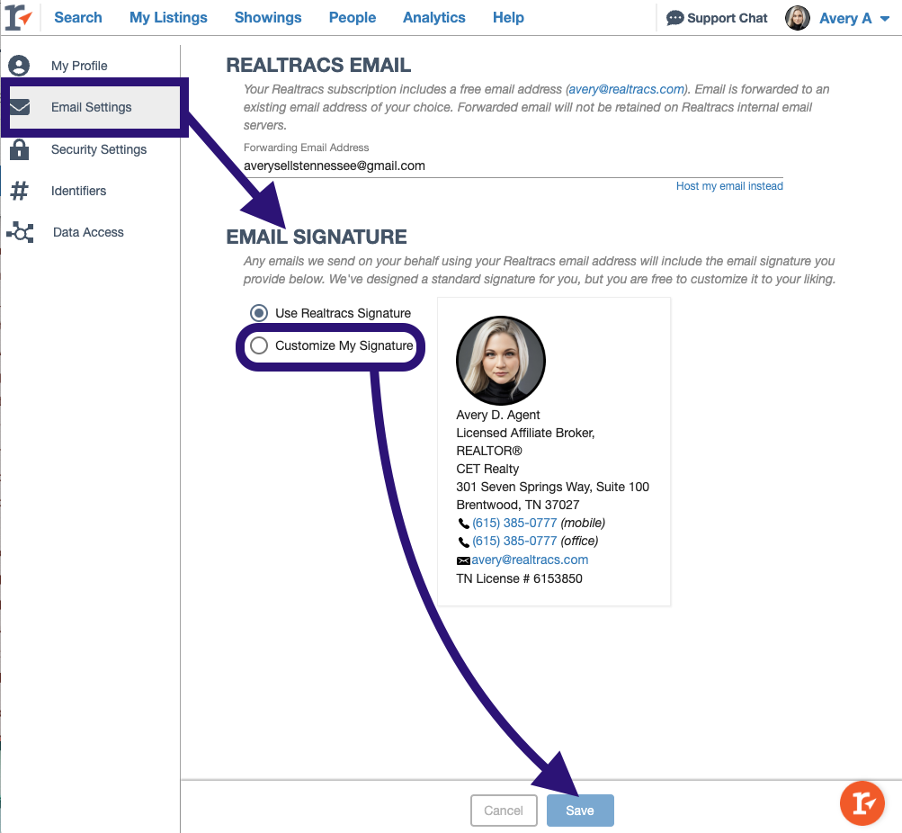 Settings: My Realtracs Email
