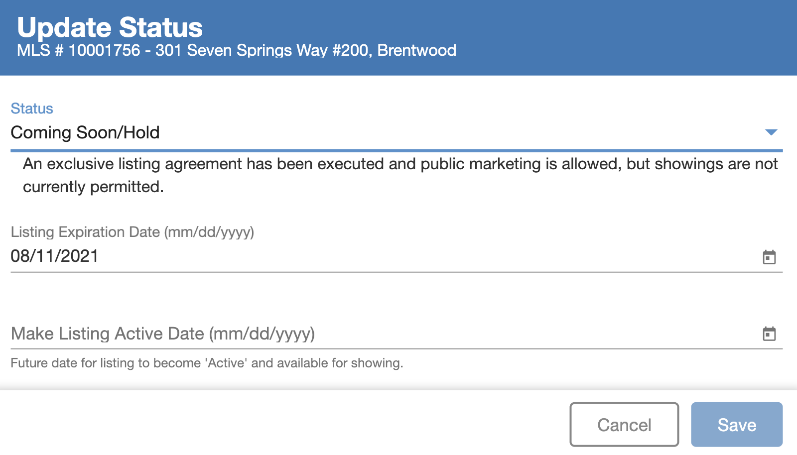 MY LISTINGS: Change Listing Status